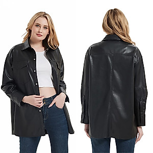 RISISSIDA Women Faux Leather Shacket Jacket,Vegan Pleather Long Sleeve Shirts Black 21001 XX-L