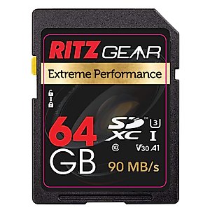 Ritz Gear 64GB High-Speed SDXC UHS-I SD Card, C10, U3, V30, Full-HD & 4K Memory Card