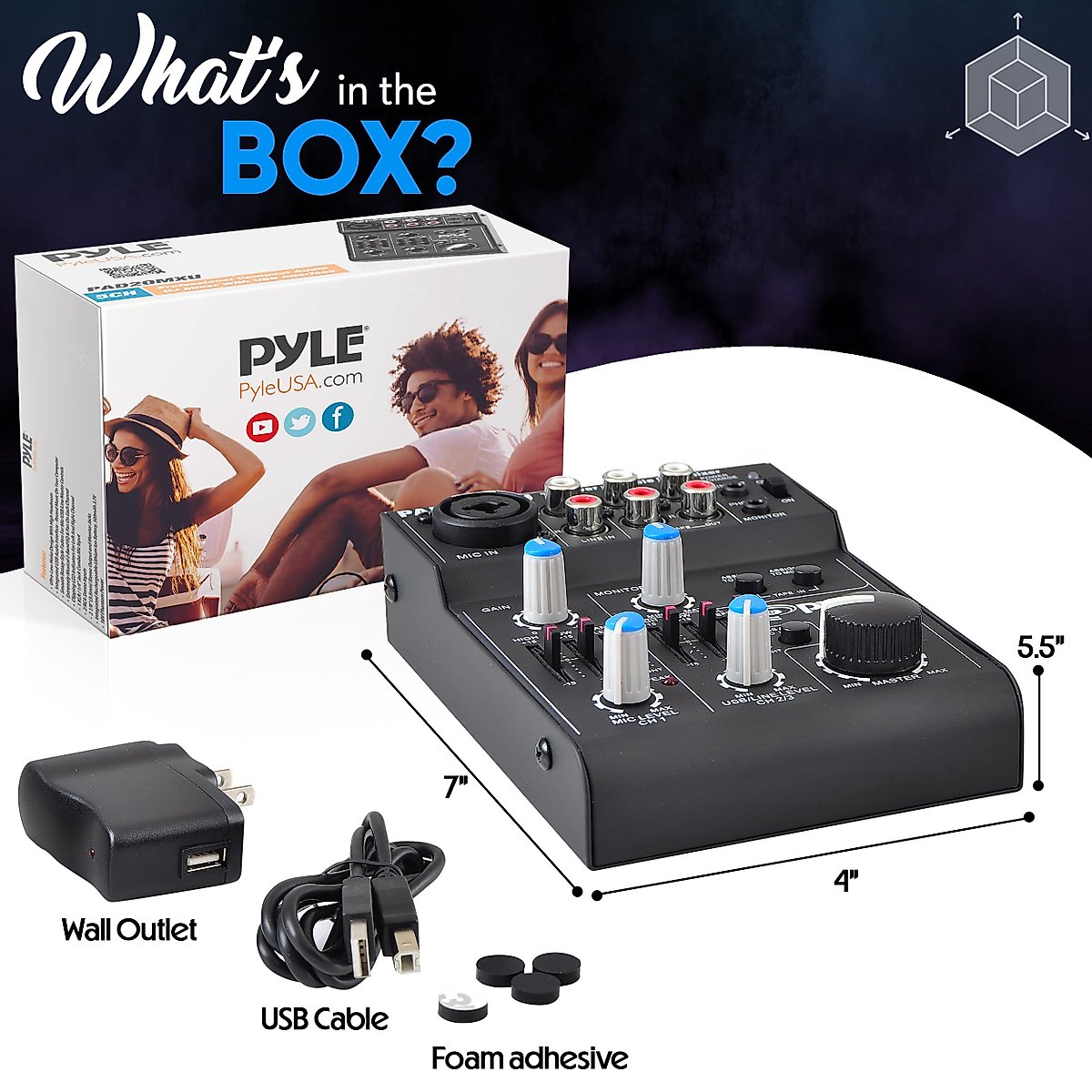 Pyle 5 Channel Audio Mixer - DJ Sound Controller Interface with USB Soundcard for PC Recording, XLR 3.5mm Microphone Jack, 18V Power, RCA Input and Output for Professional and Beginners -PAD20MXU