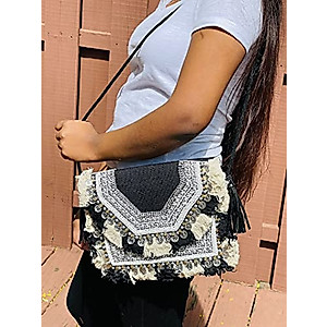 AMRANIS Boho Handcrafted Jute Coin Bag, Banjara bags, Designer Bohemian Bags, Shell Jute Bags Clutch, With Free Christmas Bag, Black4