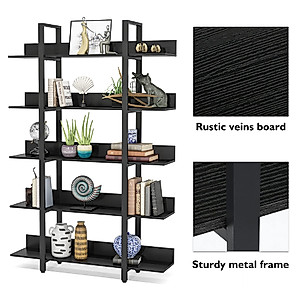 Tribesigns 5 Tiers Bookcase, 5-Shelf Industrial Style Etagere Bookcases and Book Shelves, Metal and Wood Free Vintage Bookshelf with Back Fence, Black