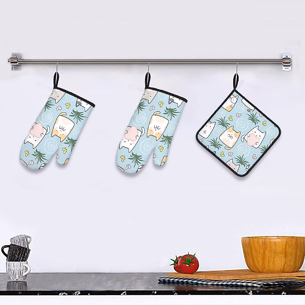 Mxocom Cute Cats Butterfly Oven Mitts and Pot Holders Sets of 3 BBQ Gloves for Kitchen,Cooking,Baking,Grilling Resistant Hot Pads for Women