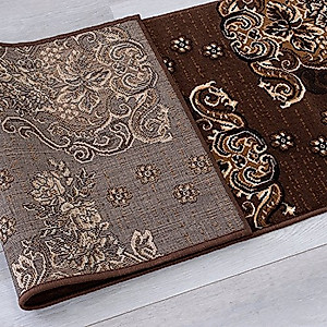 CHAMPION RUGS Floral Abstract Modern Contemporary Flower Pattern Design Area Rug Chocolate Brown Black Gold and Beige (2 Feet X 7 Feet Runner)