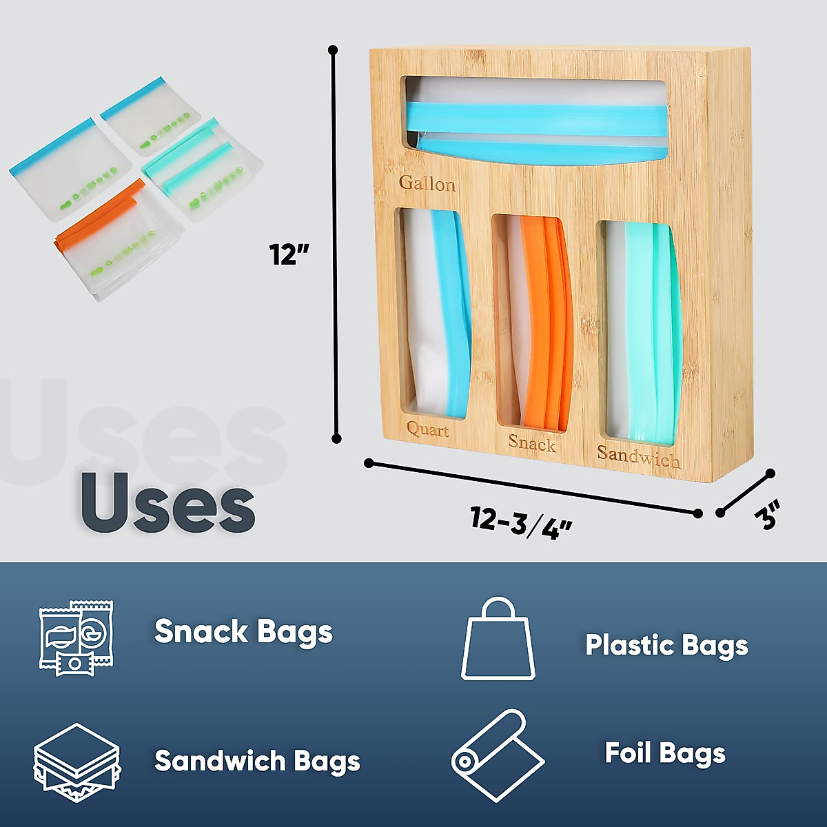 Bag Storage Organizer for Drawer, Food Storage Bags Organizer Baggie Organizer Holders Dispenser for Kitchen Drawer, Suitable for Gallon, Sandwich & Snack Bags