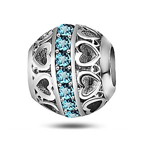 KunBead March Birthstone Love Heart Birthday Bead Charms Compatible with Pandora Bracelet for Mom Daughter Sister Auntie Grandma Friend Granddaughter