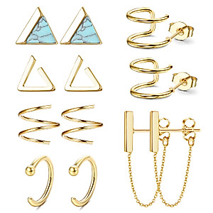 ORAZIO 6 Pairs Minimalist Hoop Stud Earrings Set for Men Women Small Triangle Cuff Huggie Chain Dangle Earrings Stainless Steel Cartilage Helix Piercing Set