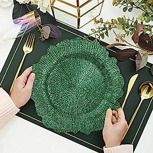 WUWEOT 12 Pack Charger Plates, 13" Green Plastic Reef Charger Plates with Flora Rim For Catering Events, Wedding Party Restaurant Dinner Parties