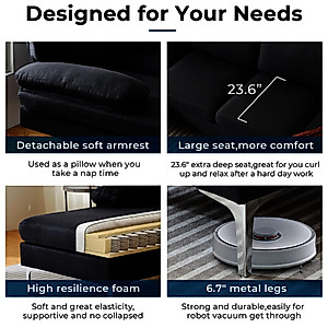 Reversible Sectional Sofa L-Shaped Deep Seated 4-Seater Modern Linen Sofa Couch with Chaise Lounge Iron Feet Indoor Modular Sofa for Living Room (Black)