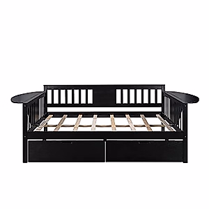 ODC Full Daybed with 2 Storage Drawers, Solid Wood Daybed Frame with Foldable Tables, Multi-Functional Sofa Bed, Daybed for Kids/Guest Bedroom, No Box Spring Required