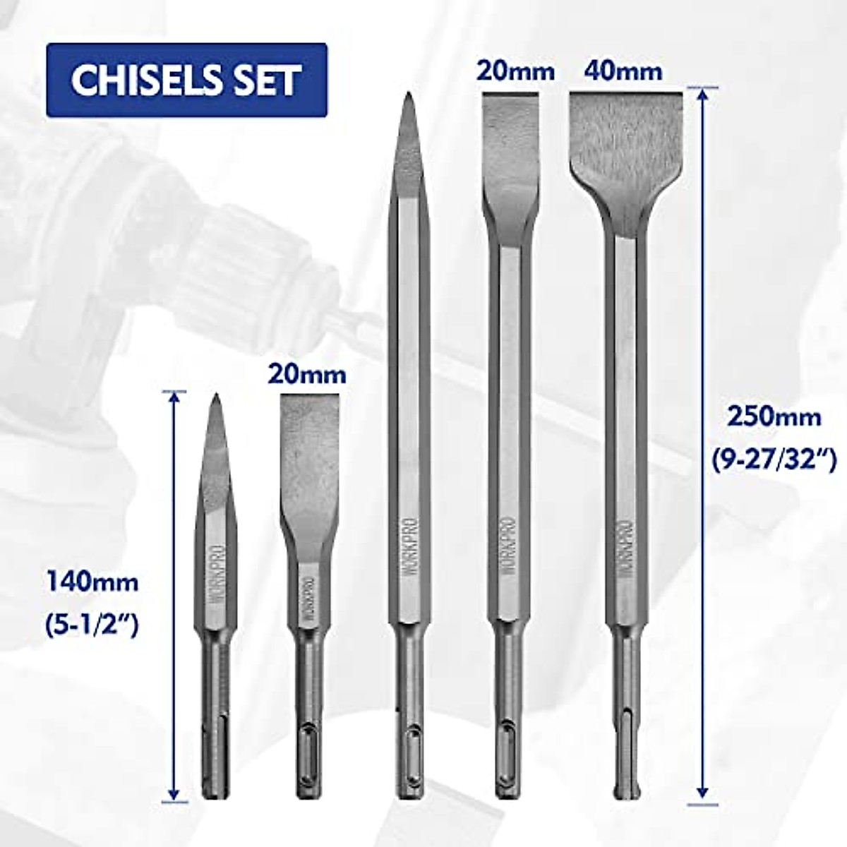 WORKPRO 17-Piece SDS-Plus Rotary Hammer Drill Bits and Chisel Set, Carbide-Tipped Masonry Drill Bits and Chisels for Concrete, Stone, Brick, with Storage Case