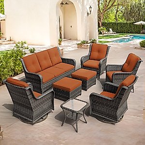 Gardenbee Wicker Patio Furniture Set 8-PCS with A 3-Seat Sofa, 2 Swivel Rocking Chairs, 2 Armchairs, 2 Ottomans and 1 Side Table Patio Conversation Set, Orange