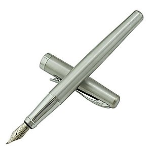 erofa Duke 209 Bent Nib Fountain Pen Set with Ink Refills Converter, Steel Sliver