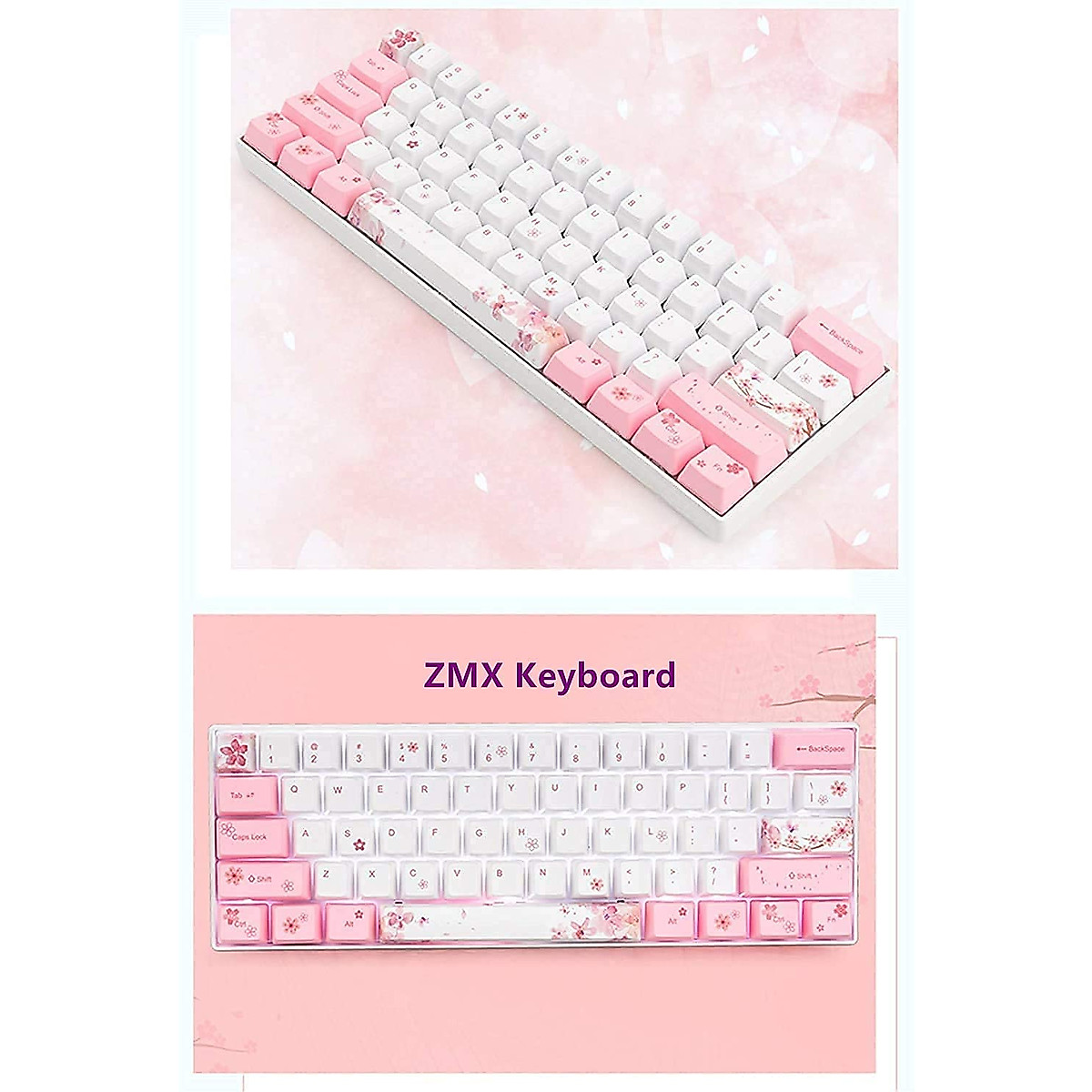 ZMX Cherry Blossom 61 Mechanical Keyboard,Hot Swappable 60％Compact Mechanical 5.0Bluetooth/Type-C Wired Dual-Mode RGB Backlit Dye-Sublimation PBT Keycap Gaming Keyboard(Black Switch, Pink)