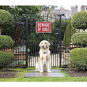 Beware of Dog Sign, Metal Warning the Dogs Signs for Fence Gate, 2 Pack 10 x 7 inches, for Indoor and Outdoor Use, No Fade Aluminum Weatherproof Long Lasting Red Ink (10 x 7, RED)