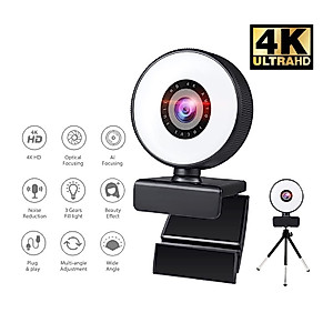 Webcam Webcam 4K Mini Web Camera for PC Computer Laptop with Microphone Auto Focus Light Video Webcam 1080P 2K Live Web Cam Accessories for Recording Calling Conferencing Gaming (1080P (with Tripod)
