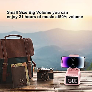 Deeyaple 3 in 1 Wireless Bluetooth Speaker with Loud Alarm Clock Cell Phone Stand TF Card Reader 12H Display Mic HD Surround Sound Kitchen Bedroom Office Cell Phone＆Tablet (Pink)
