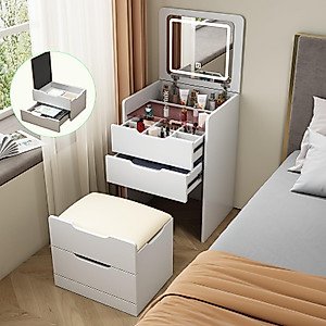Vanity Desk & Nightstand Combo - Flip Top Mirror, 3 Drawers, Bright LED Lights, and Cushioned Stool
