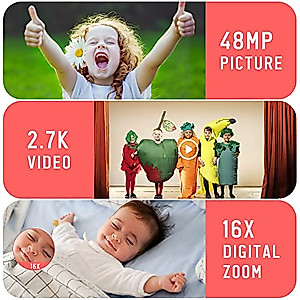 Digital Camera, Kids Camera for Teens Boys and Girls, 48MP 2.7K Digital Camera with 16X Digital Zoom, 32 GB SD Card and 2 Batteries Included (Red)