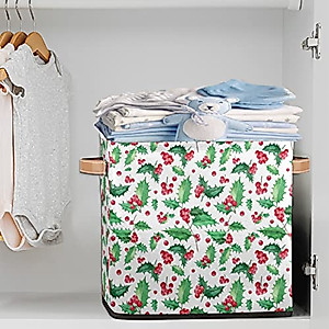 Large Collapsible Storage Bins,Christmas Berry Leaf Decorative Canvas Fabric Storage Boxes Organizer with Handles,Cube Square Baskets Bin for Home Shelves Closet Nursery Gifts