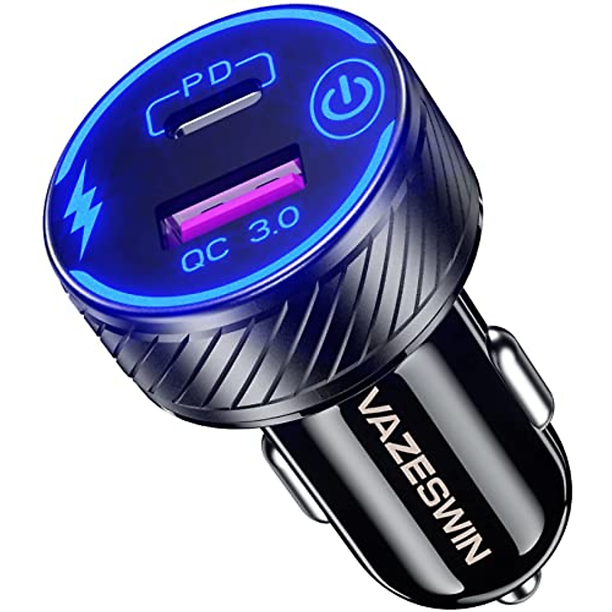 USB C Car Charger, VAZESWIN QC3.0 & PD Type C Dual USB Port Fast Car Charger Adapter, 30W 5A Fast Charge Car Phone Charger with Blue LED & Touch Switch