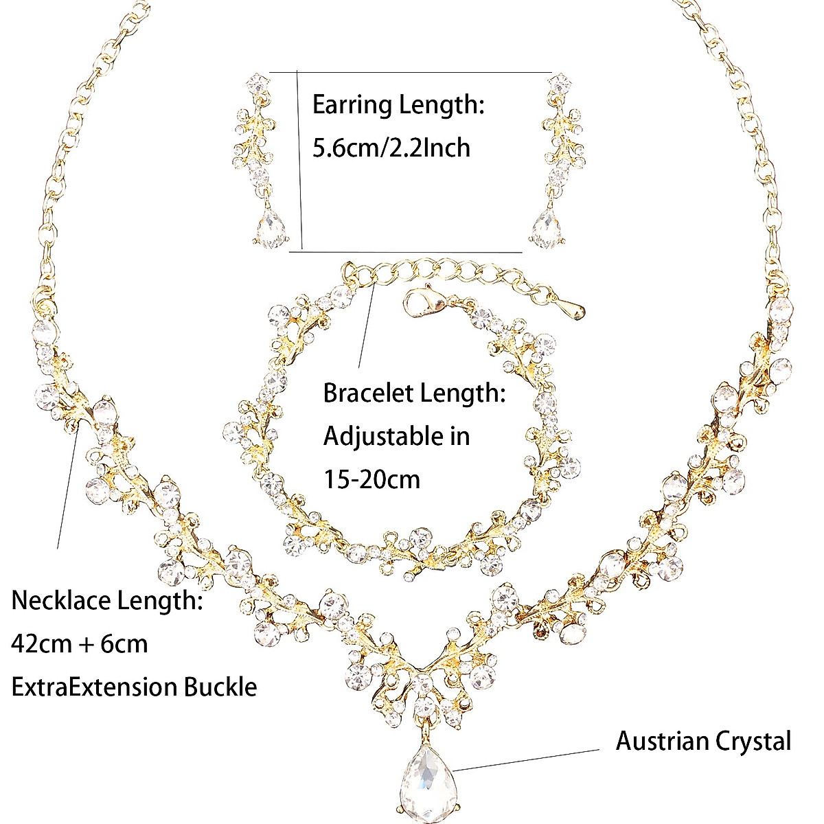 3Pcs Austrian Crystal Jewelry Set for Women, Necklace Dangle Earrings Link Bracelet with Gold/Platinum/Gun Plated, Wedding Party Bridal Bridesmaid (White-Gold Plated)