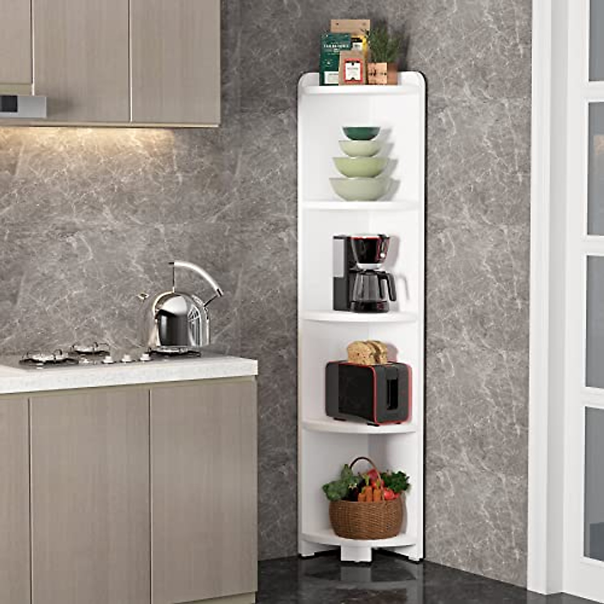 Tribesigns White Corner Shelf, 5 Tier Wood Wall Corner Bookshelf with Anti-Slip Pad, Corner Storage Rack Shelves Display Plant Flower, Stand Ladder Bookcase for Home Office Kitchen Bedroom