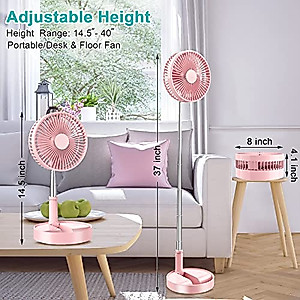 Flodaway Fan Rechargeable, Fold Away Fans Collapsible Portable Fan Pink for Traveling Foldable Compact Fan, Desk and Floor Fan 7200mAh Portable Folding Fan Battery Operated Adjustable 14.5-40"