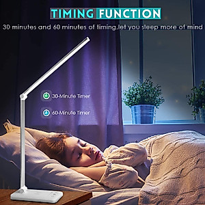 JOSTIC LED Desk Lamp with Wireless Charger, USB Charging Port, Desk Light with 10 Brightness, 5 Color Modes, Dimmable Eye Caring Reading Desk Lamps for Home Office, Touch Control, Auto Timer, White