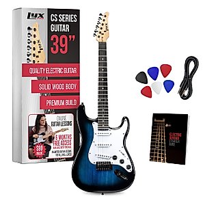 LyxPro CS 39” Electric Guitar Kit for Beginner, Intermediate & Pro Players with Guitar, Amp Cable, 6 Picks & Learner’s Guide | Solid Wood Body, Volume/Tone Controls, 5-Way Pickup - Blue