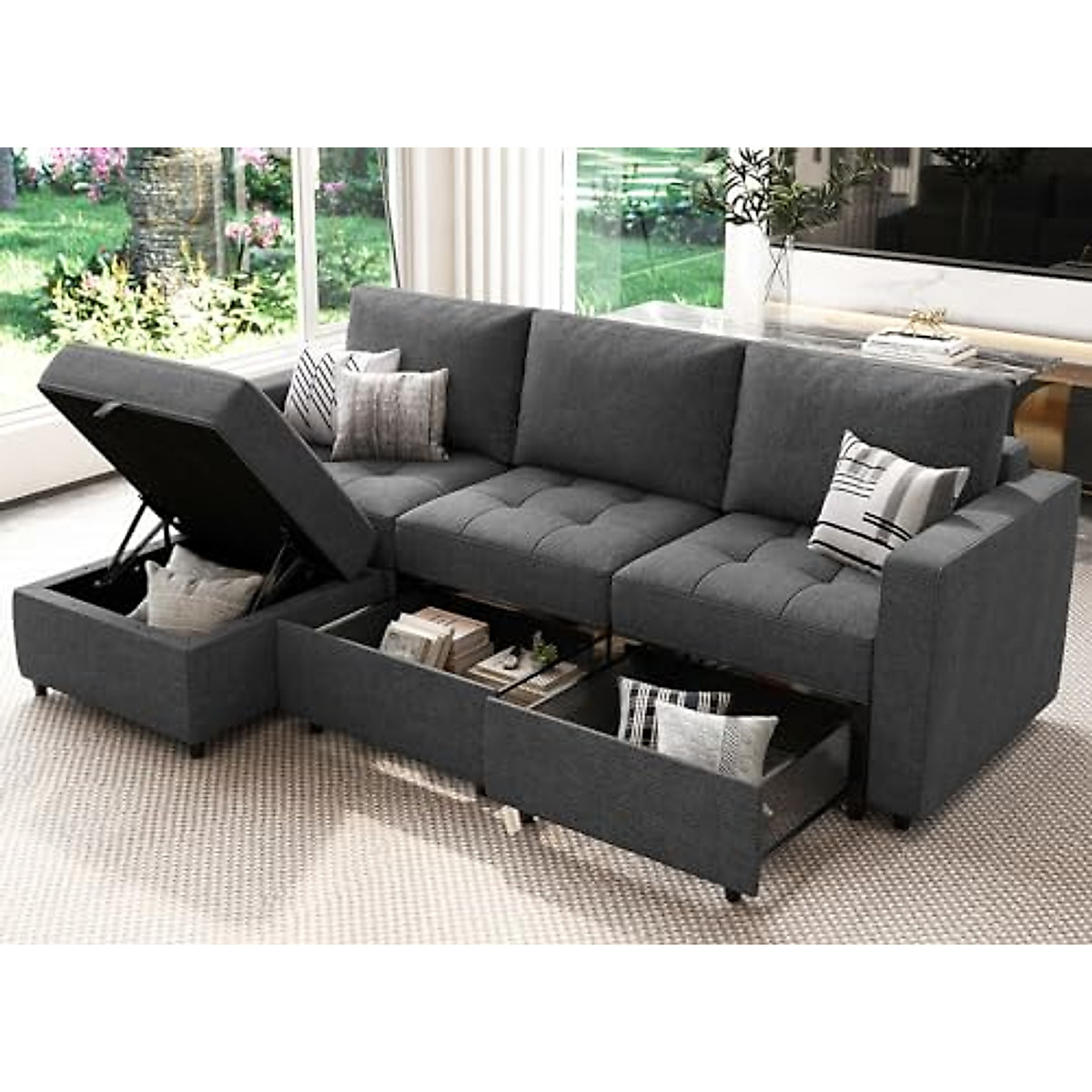 Belffin Modular Sectional Sofa Couch Set with Ottoman Morden Fabric Convertible Pull Out Couch with Reversible Chaise and Storage Drawers 3-Seat Sofa Sectionals L Shape Couch for Apartment Black Grey