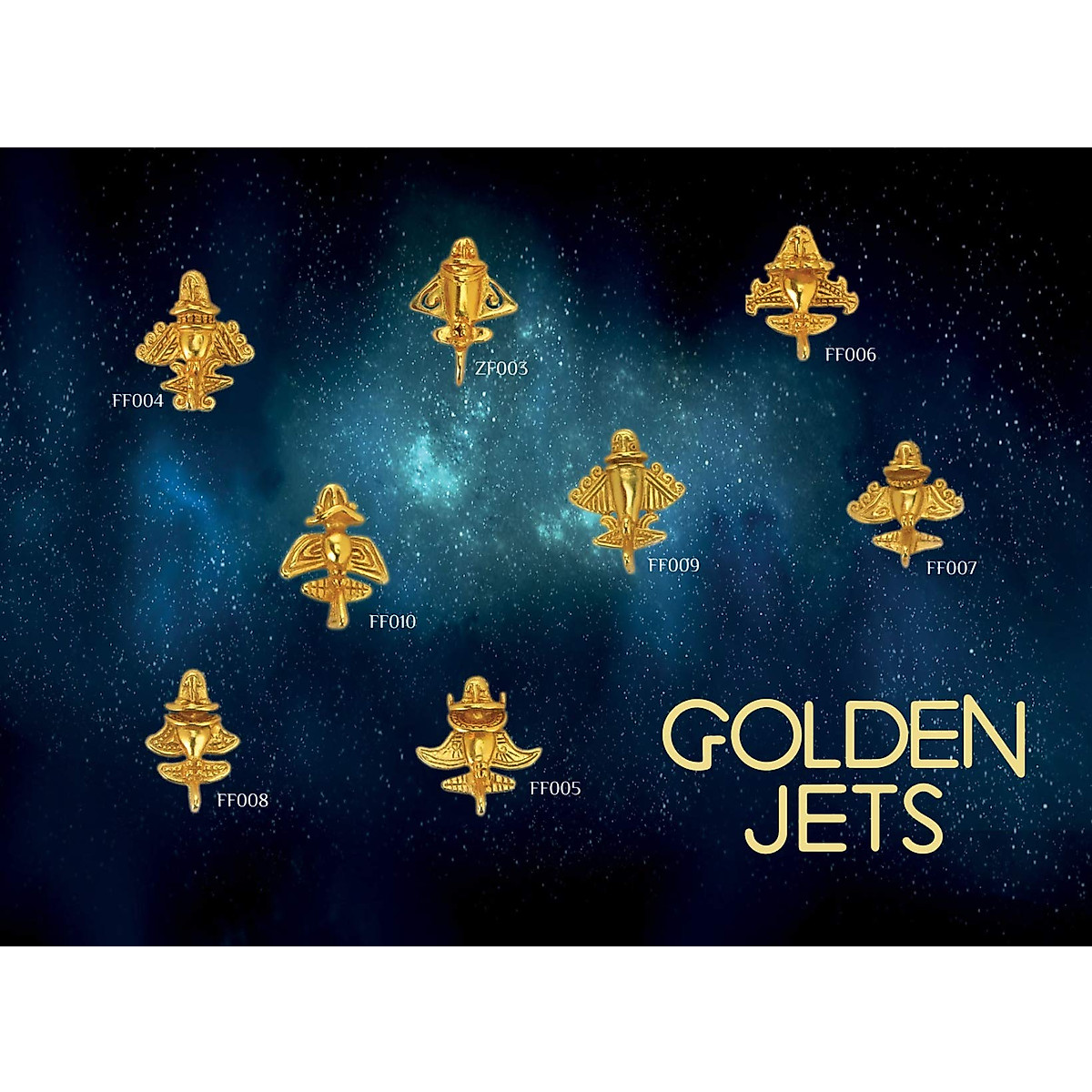 Across The Puddle, Ancient Aliens Jewelry Collection, 24k Gold Plated Pre-Columbian Quimbaya Golden Jet-9 / Ancient Aircraft-9 / Golden Flyer-9 Lapel Pin with Military Clutch
