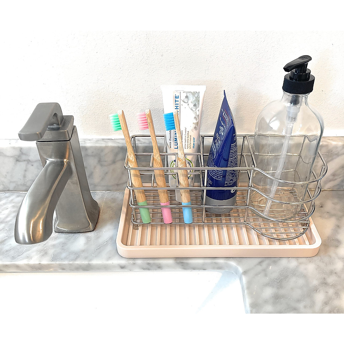 Happitasa Silicone Kitchen Sink Organizer Tray, Sponge Holder and Countertop Protector | Straight Lines Style (SAND DOLLAR, 10"x5.25")