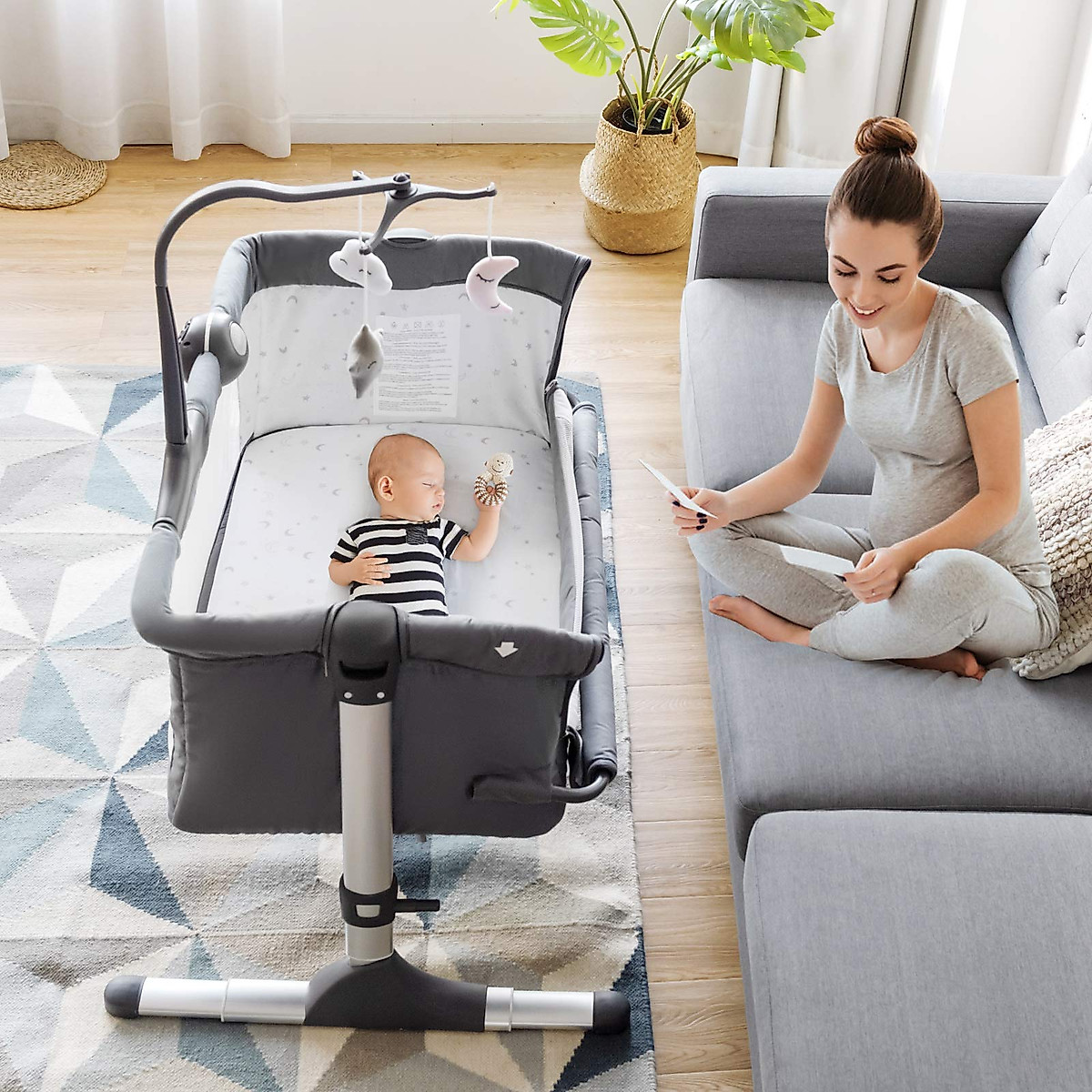 BABY JOY Baby Bassinet, Height Adjustable Portable Bassinet Crib w/Music Box, Toy Rack, Mattress, Breathable Mesh & Travel Bag, Easy Folding Bassinet Bedside Sleeper for Newborn Infant (Dark Grey)