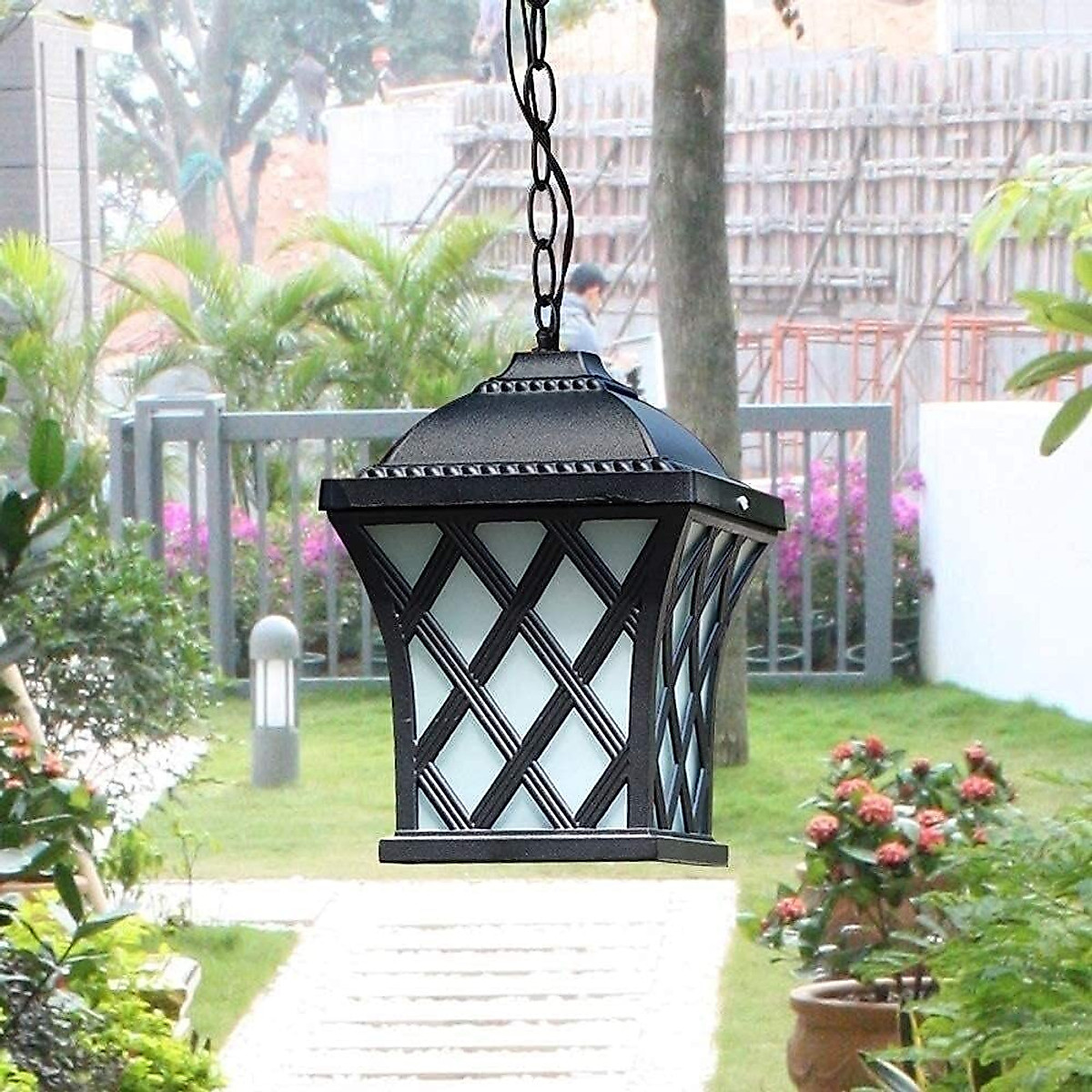 Ksovv IP65 Waterproof Outdoor Pendant Light Traditional American Country Glass Lantern Ceiling Lamp Vintage Industrial Aluminum Mesh Metal Chandelier Garden Home Porch Balcony Patio Hanging Light E27
