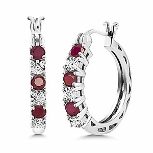 Gem Stone King 925 Sterling Silver Red Ruby and White Lab Grown Diamond Accent Women's Hoop Earrings (0.83 Cttw, 22MM = 0.85 inches Diameter)