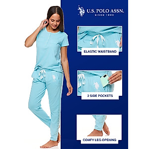 U.S. Polo Assn. Womens Pajama Set with Pockets - Short Sleeve Shirt and Pajama Pants Pj Set Mint Heather Medium