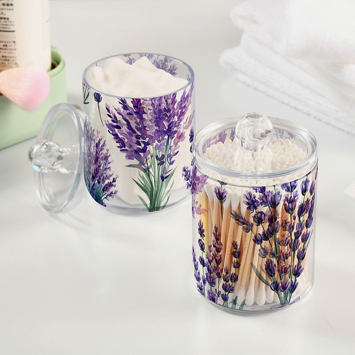 ALAZA 2 Pack Qtip Holder Dispenser for Cotton Ball Purple Lavender Bouquet 1 Cotton Swab Cotton Round Pads Clear Plastic Acrylic Jar Set Bathroom Canister