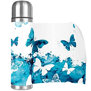 Stainless Steel Leather Vacuum Insulated Mug Blue Butterfly Thermos Water Bottle for Hot and Cold Drinks Kids Adults 16 Oz