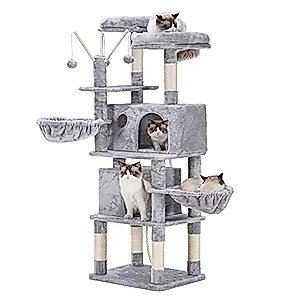 Hey-brother Cat Tree,Cat Tower,Cat Condo with Scratching Posts,Basket,2 Caves,2 Plush Perches,Activity Center with Removable Fur Ball Sticks,Light Grey MPJ027W