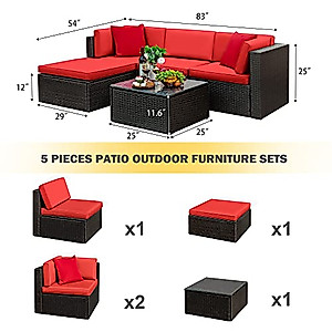 Tuoze 5 Pieces Patio Furniture Sectional Outdoor All-Weather PE Rattan Wicker Lawn Conversation Cushioned Garden Sofa Set with Glass Coffee Table (Red)