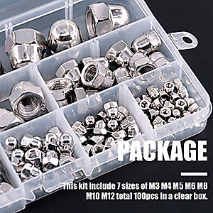 100Pcs 304 Stainless Steel Serrated Metric Acorn Cap Nuts Hex Dome Cap Assortment Kit, 7 Sizes - M3 M4 M5 M6 M8 M10 M12