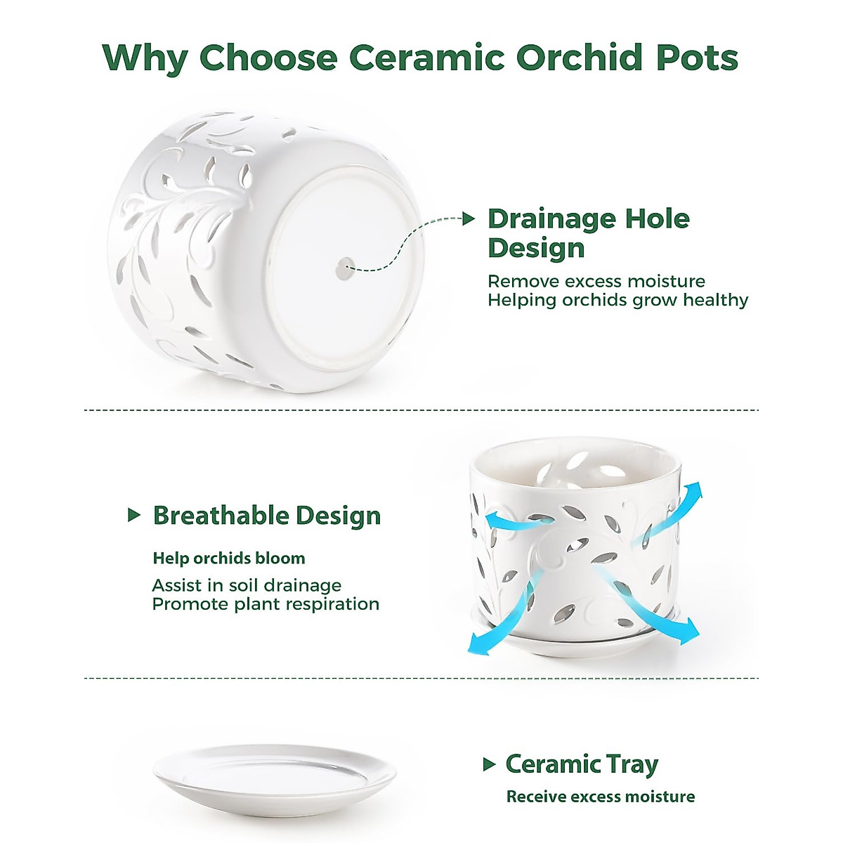 EFISPSS Orchid Pot with Holes, 5+6Inch Ceramic Plant Pots with Drainage Holes and Tray, Promoting Air Circulation and Drainage, Indoor/Outdoor White Flower Pots