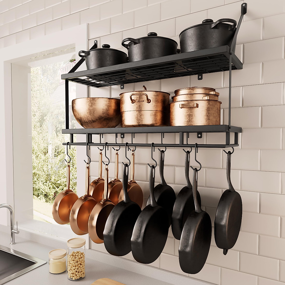KES 30-Inch Kitchen Pot Rack - Mounted Hanging Rack for Kitchen Storage and Organization- Matte Black 2-Tier Wall Shelf for Pots and Pans with 12 Hooks - KUR215S75B-BK