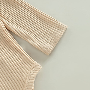 wybzd Baby Girl Outfit Infant Rib Ruffle Long Sleeve Romper Onesie Top Bell-Bottom Denim Pants Sets Cute Clothes (Beige,3-6 Months)