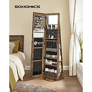 SONGMICS 6 LEDs Lockable Mirror Jewelry Cabinet, 360°Swivel Jewelry Organizer, Standing Jewelry Armoire, Frameless Full-Length Mirror, 3 Storage Shelves, Rustic Brown Surface, Black Lining UJJC007X01
