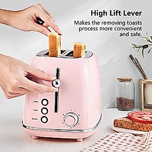 REDMOND 2 Slice Toaster Retro Stainless Steel Toaster with Bagel, Cancel, Defrost Function and 6 Bread Shade Settings Bread Toaster, Extra Wide Slot and Removable Crumb Tray, Pink, ST028