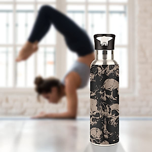 YoCosy Insulated Stainless Steel Water Bottle with Straw 20oz Retro Vintage Skull Skeleton Gothic Sports Water Bottles BPA Free Leakproof Metal Vacuum Flask Jug for Kids Gym Fitness