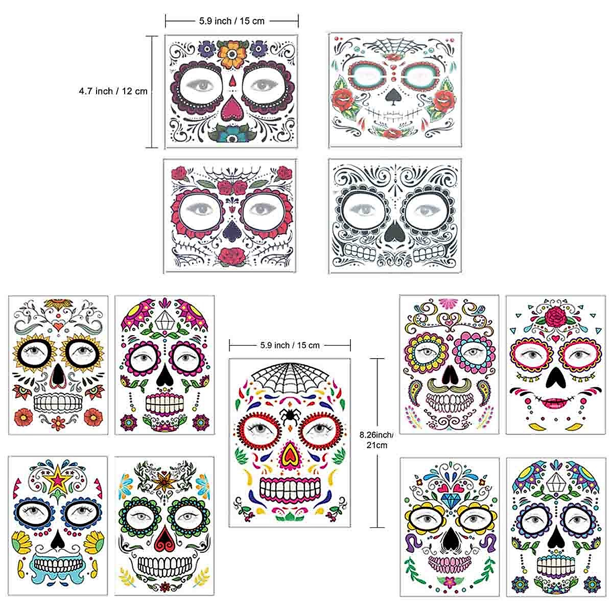 COKOHAPPY Halloween Temporary Face Tattoos Makeup Kit (13 Pack), Day of the Dead Sugar Skull Floral Black Skeleton Web Red Roses Full Face Mask Stickers Tattoo Families Party Supplies