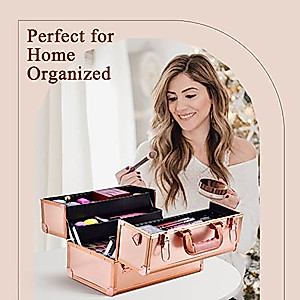 Joligrace Makeup Train Case Professional - 13.5 Inch Portable Artist Lockable Aluminum Cosmetic Organizer Storage Box with 4 Adjustable Dividers Trays 2 Locks and Shoulder Strap Rose Gold