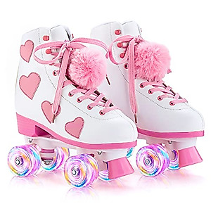 Ruthfot Women's and Girl's Classic Roller Skates with Light up Wheels and Love Heart Pattern, High-top PU Leather Rollerskates